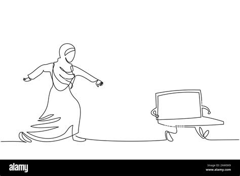 Single Continuous Line Drawing Arab Businesswoman Try To Chase Laptop Female Manager Works In
