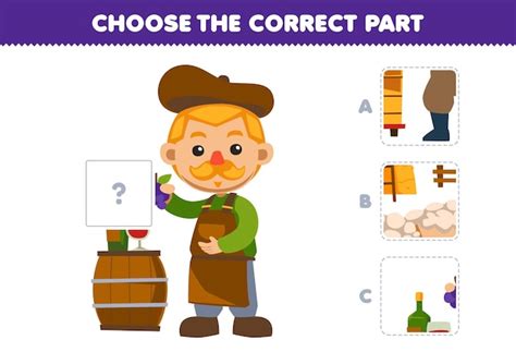 어린이를 위한 교육 게임은 귀여운 만화 와인 메이커 농부 그림 인쇄 가능한 농장 워크시트를 완성하기 위해 올바른 부분을 선택합니다 프리미엄 벡터