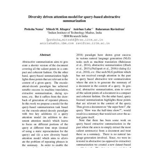 Diversity Driven Attention Model For Query Based Abstractive Summarization Acl Anthology