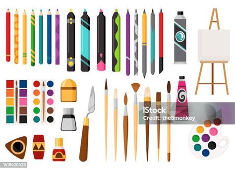 페인팅 도구 만화 일러스트 세트 워크샵 디자인을위한 창조적 인 재료 그리기 화가 예술 장비 이젤 팔레트 페인트 브러시 연필과