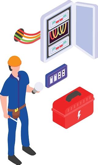 가정에서의 배선 문제 식별 및 해결 아이소메트릭 개념 벡터 아이콘 디자인 전기 엔지니어 기호 배선 전문가 기호 유지 보수 기술자 도구 스톡 일러스트레이션 개폐 장치에 대한