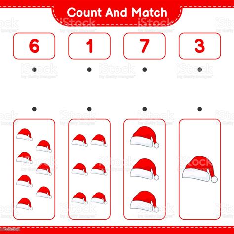 세고 일치시키고 산타 모자의 수를 세고 올바른 숫자와 일치시킵니다 교육 어린이 게임 인쇄 워크시트 벡터 일러스트 레이 션 0명에 대한 스톡 벡터 아트 및 기타 이미지