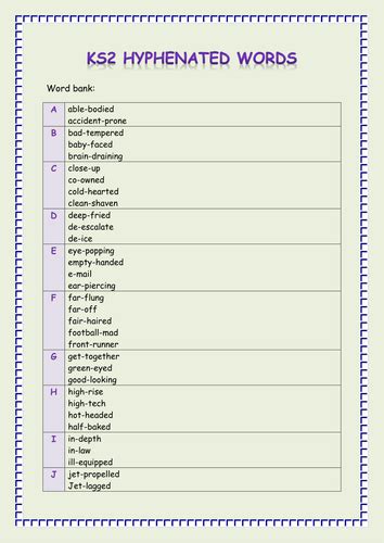 Hyphens Word Bank Of Hyphenated Words Ks2 Grammar And Writing Alphabet List Teaching