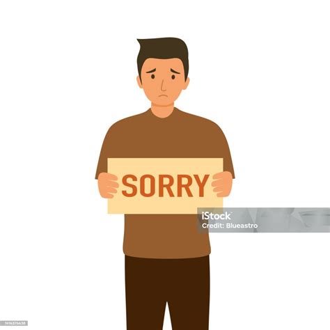 하얀 배경에 평평한 디자인으로 미안하다는 말과 함께 표지판을 들고있는 슬픈 남자 메시지에 대한 스톡 벡터 아트 및 기타 이미지 메시지 문자 미안해 Istock