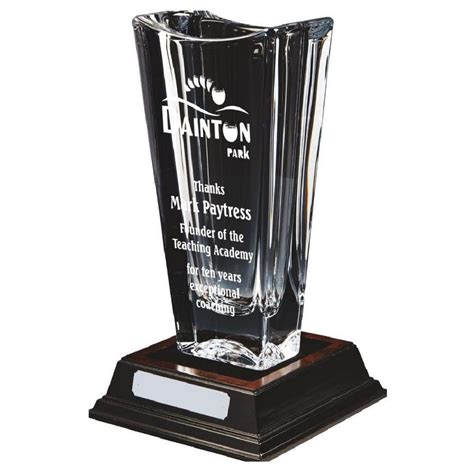 Large Crystal Vase Award On Wood Base Bohemia Crystalite Rb