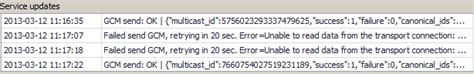 android sending a gcm message server side often fails but far
