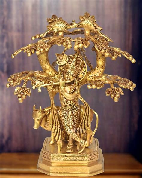 Buy Brass Superfine Lord Krishna With Cow And Tree Idol 13 Inch