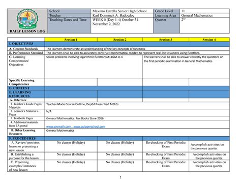 Genmath 10 31 11 2 Daily Lesson Log School Maximo Estrella Senior