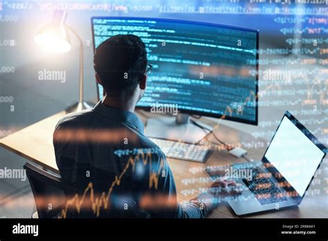 Programmer Code And Man With Hologram Technology And Digital Software
