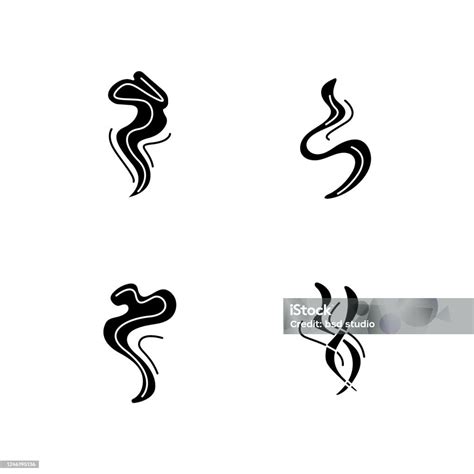 공백에 설정된 악취 검은 색 문말 아이콘 좋은 냄새 유동성 좋은 향수 향기 향기로운 향기흐르는 곡선 연기 퍼프 뜨거운 증기 컬 실루엣 기호입니다 벡터 절연 그림 0명에 대한