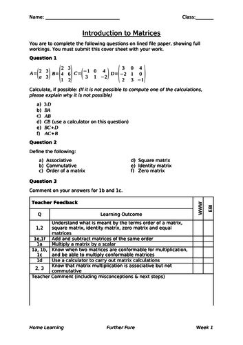 Introduction To Matrices Homework 1 Teaching Resources