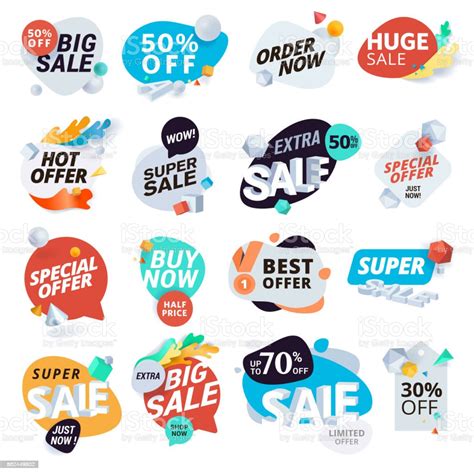 스티커 및 판매 제품 프로 모션 특별 행사 배지의 독특한 컬렉션 쇼핑 3차원 형태에 대한 스톡 벡터 아트 및 기타 이미지 3차원 형태 가격 개념 Istock