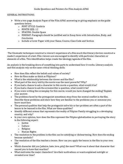 Guide Questions And Pointers For Film Analysis Apag Ssc 002 Pdf