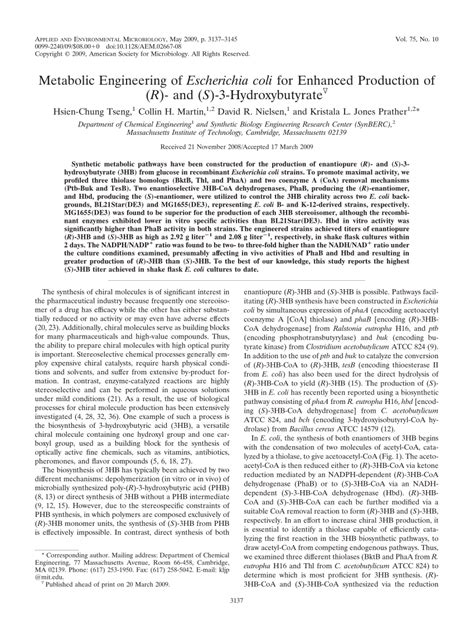 Pdf Metabolic Engineering Of Escherichia Coli For Enhanced Production Of R And S 3