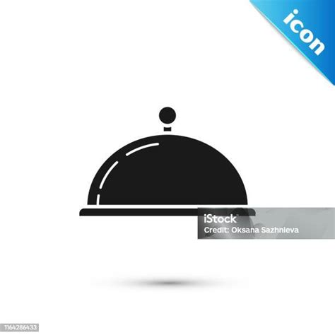 흰색 배경에 고립 된 음식 아이콘 트레이로 덮여 검은 색 트레이와 뚜껑 기호 뚜껑이있는 레스토랑 클로슈 주방 용품 기호입니다 벡터 일러스트레이션 강철에 대한 스톡 벡터 아트