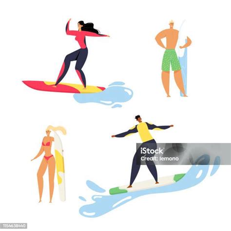 서핑 사람들 젊은 남자 바다 파도에 의해 서핑 보드를 타고 스포츠웨어에서 여자 스포츠맨 운동 스파 타임 여름 스포츠 활동 건강 한 라이프 스타일 레저 만화 평면 벡터