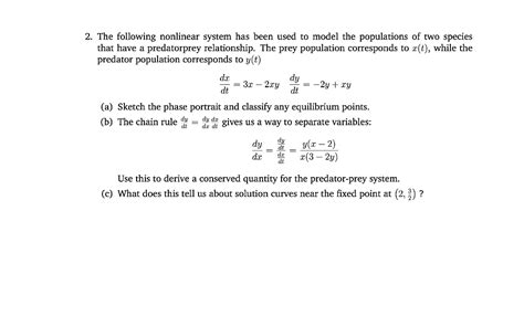 Solved The Following Nonlinear System Has Been Used To Model Chegg