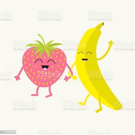 바나나와 딸기 행복 한 과일 세트입니다 웃는 얼굴 눈으로 웃는 캐릭터 만화 영원히 친구입니다 평면 디자인입니다 0명에 대한 스톡