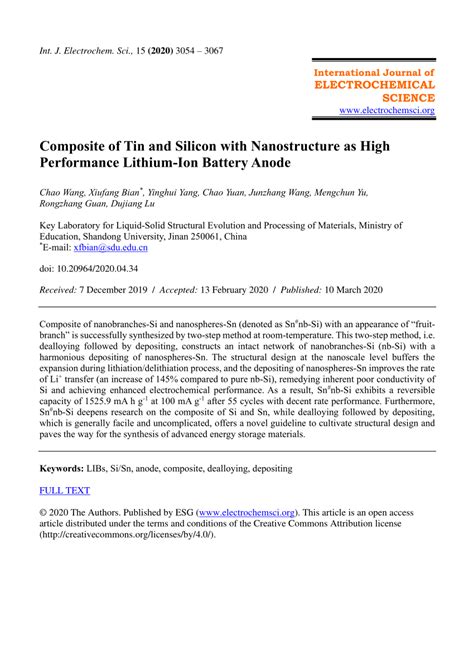 Pdf Composite Of Tin And Silicon With Nanostructure As High Performance Lithium Ion Battery Anode