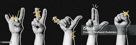 하프톤 핸즈 컬렉션 하프톤 핸드는 다양한 제스처 록 평화 및 샤카 기호를 보여줍니다 스타일리시한 하프톤 콜라주 디자인 요소 팝