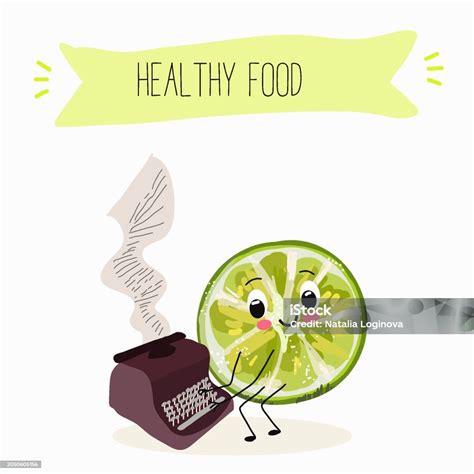 Karakter Buah Jeruk Nipis Kartun Lucu Mengetik Di Mesin Tik Menyusun Buku Puisi Ilustrasi Vektor