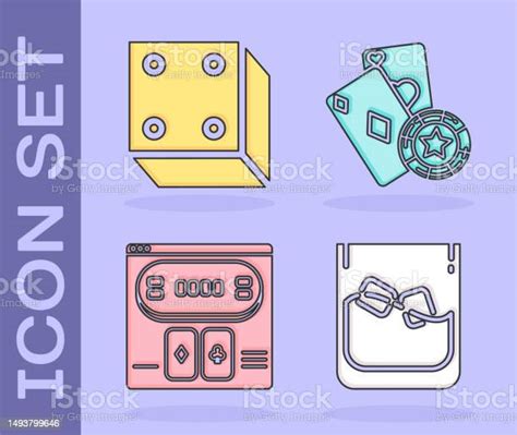위스키와 얼음 조각 게임 주사위 온라인 포커 테이블 게임 카지노 칩 및 카드 놀이 아이콘을 설정합니다 벡터 0명에 대한 스톡