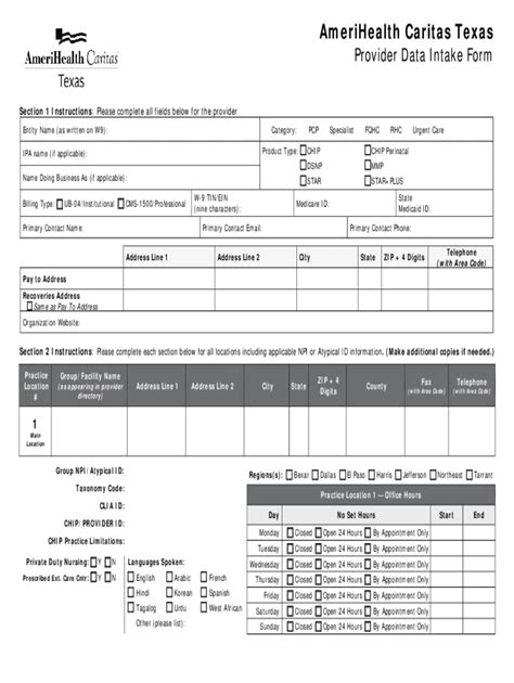 Provider Data Intake Formamerihealth Caritas Texas Provider Data Intake