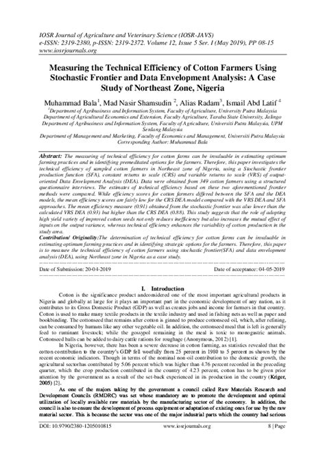 Pdf Measuring The Technical Efficiency Of Cotton Farmers Using Stochastic Frontier And Data