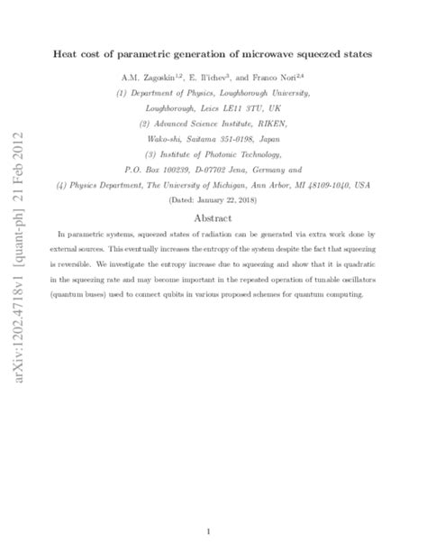 Pdf Heat Cost Of Parametric Generation Of Microwave Squeezed States