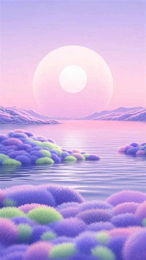 超现实主义插画，极简设计，朦胧美，宁静神秘，清新自然，水天一色，颗粒全息打印，宏观镜头，色彩明亮柔和，内容简洁，毛毡质感，personalize，粉紫色色调 花瓣网