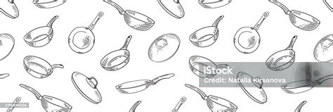 요리용 프라이팬이 있는 패턴입니다 완벽 한 배경 어떻게 레스토랑 또는 식당 메뉴에 대한 스케치 강철에 대한 스톡 벡터 아트 및 기타 이미지 Istock