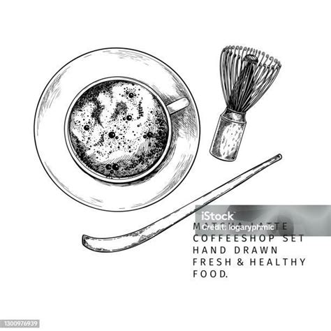 커피숍과 베이커리 세트 말차 머그잔 체이센 스푼의 손으로 그린 상단 보기 전통적인 아시아 음료 및 바리스타 장비 벡터 새겨진 아이콘 집합입니다 레스토랑 브랜딩 템플릿 메뉴