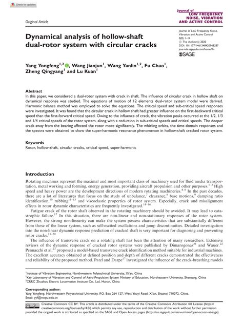 Pdf Dynamical Analysis Of Hollow Shaft Dual Rotor System With Circular Cracks
