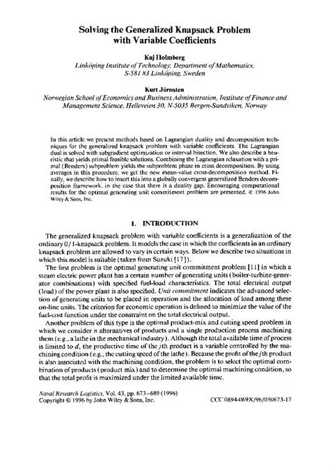 Pdf Solving The Generalized Knapsack Problem With Variable
