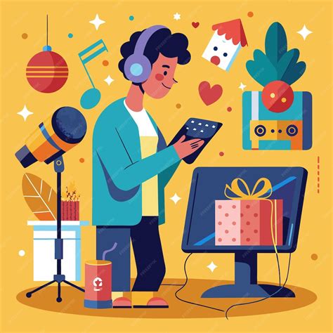 A Man Is Standing In Front Of A Computer With A Box With A T In It Premium Ai Generated Vector