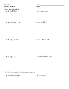 Geometric Sequences Practice With Key TPT
