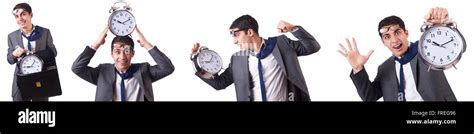 Man With Clock Isolated On White Stock Photo Alamy