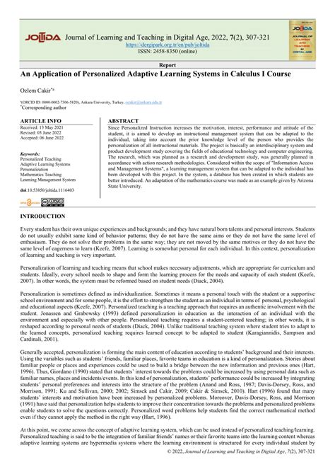 Pdf An Application Of Personalized Adaptive Learning Systems In