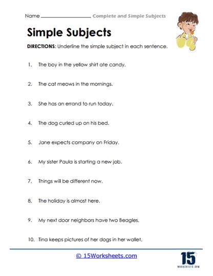 complete and simple subjects worksheets 15 worksheets library