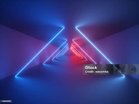 3d 렌더링 파란색 빨간색 추상 배경 자외선 내부 복도 가상 현실 빈 룸 빛나는 대각선 레이저 광선 0명에 대한 스톡 사진 및 기타 이미지 Istock