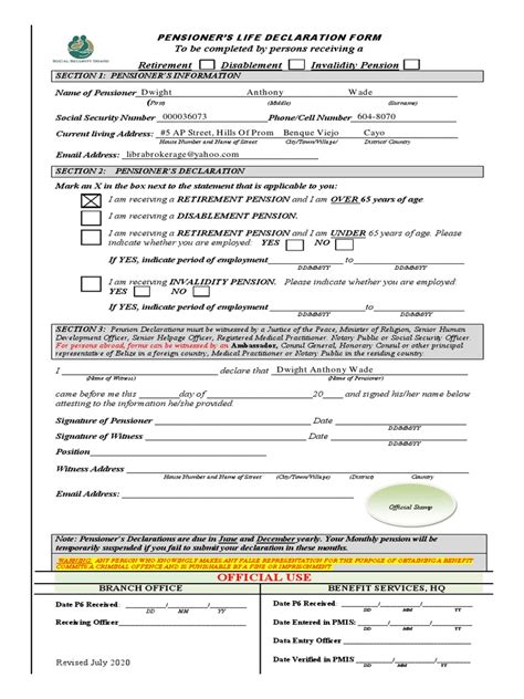 Dwight Anthony Wades Pensioners Life Declaration Form For Receiving A Retirement Pension Pdf