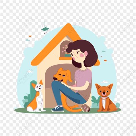 Pet Sitting Clipart Woman With Pets In A Dog House Cartoon Vector Png