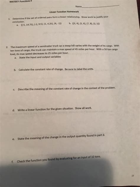 Solved Mato57 Functions I Name Linear Function Homework