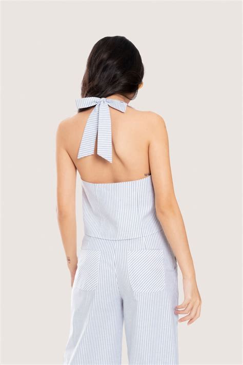 Blue Striped Halter Neck Gilet Top Lib