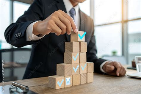 Document Review Process And Quality Control Concept Hand Placing Checkmark Wooden Blocks