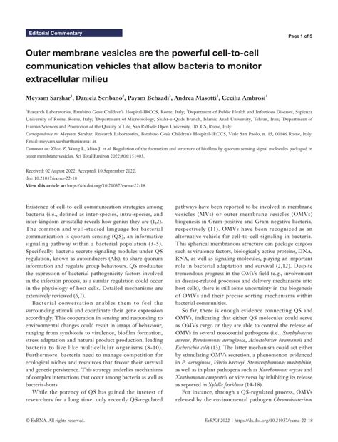 Pdf Outer Membrane Vesicles Are The Powerful Cell To Cell
