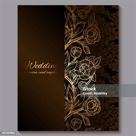 절묘 한 초콜릿 로얄 럭셔리 웨딩 초대장 텍스트에 대 한 프레임과 장소 골드 꽃 배경 황금 반짝 그라데이션 장미 또는 모란으로 만든 레이스 단풍 0명에 대한 스톡 벡터 아트