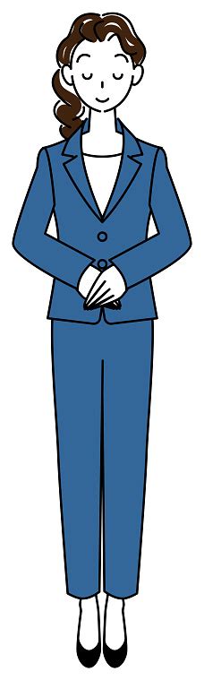 양복을 입은 예쁜 여자가 머리를 약간 숙이고 고개를 숙인 채 전장 서있는 모습 상단에 왼손으로 접힌 손의 그림 벡터 20 29세에 대한 스톡 벡터 아트 및 기타 이미지