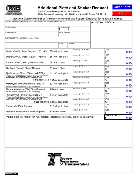 Oregon Dmv Form 735 6938 Additional Plate And Sticker Request