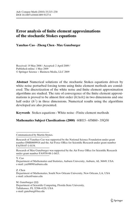 PDF Error Analysis Of Finite Element Approximations Of The Stochastic Stokes Equations